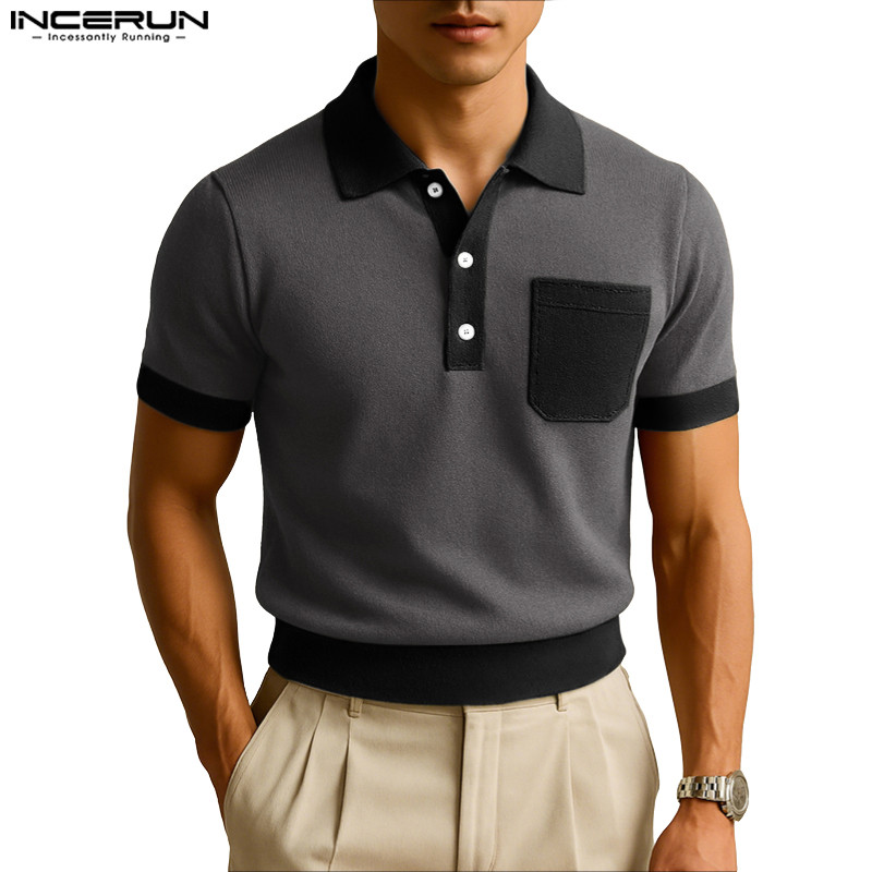 INCERUN Men's Splicing Contrast Collar Top POLO Shirts | Shopee Philippines