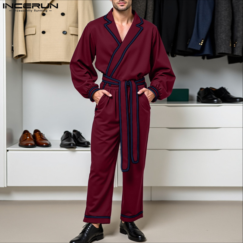 INCERUN Men Vintage Casual Turn Down Collar Long Sleeve Long Jumpsuits ...