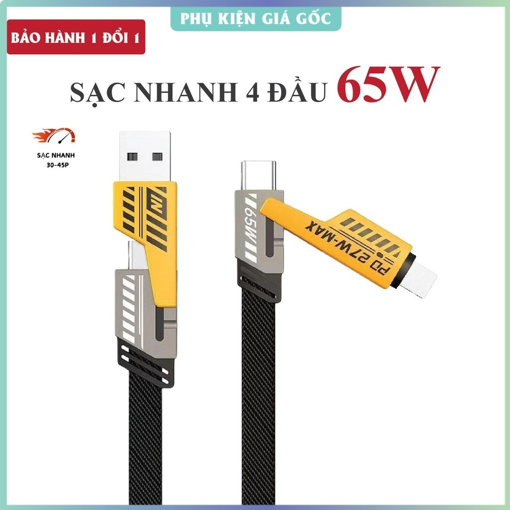 4-Head Fast Charging Cord (1m Long) 65W. 4-in-1 Anti-break, Anti-Tangle ...