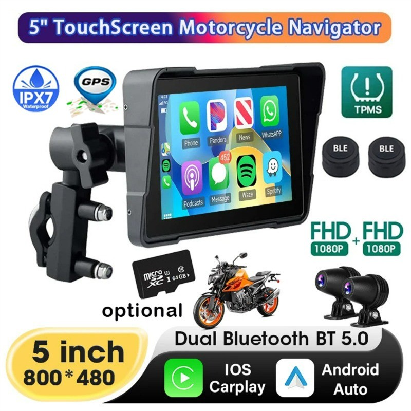 5 inch Motorcycle DVR Navigation Wireless CarPlay Android Auto Airplay ...
