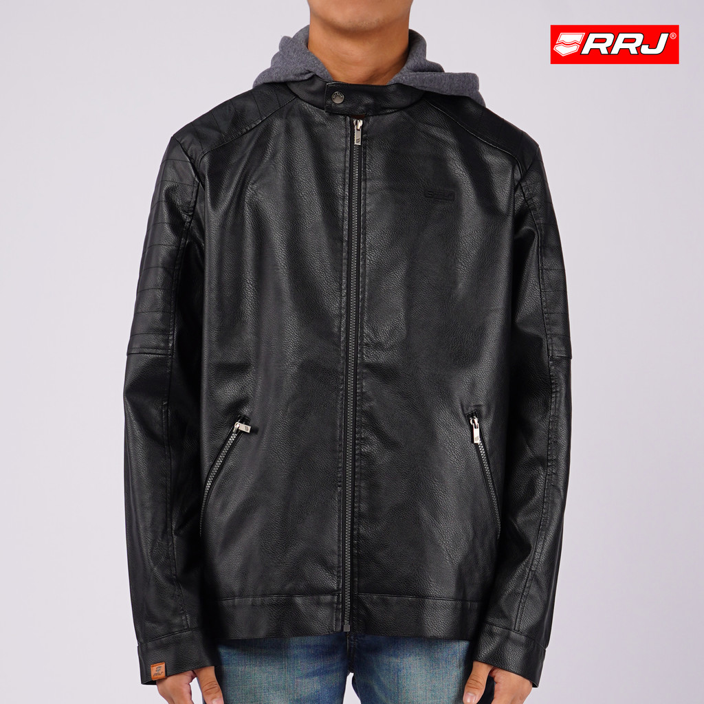 RRJ Men's Basic Hoodie Leather Jacket Regular Fitting 137606 (Black ...