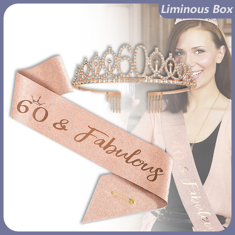 60th Happy Birthday Crown Satin Sash Set Rose Gold Ribbons Shoulder ...