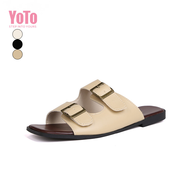 YOTO Summer Flat Slippers For Women Casual Leather Double Strap Design ...