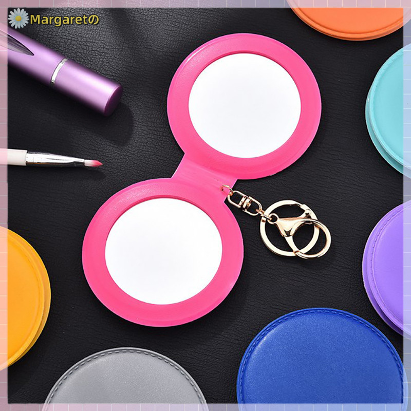[Margaret] Makeup Mirror Pu Small Round Keychain Double-Sided Folding ...