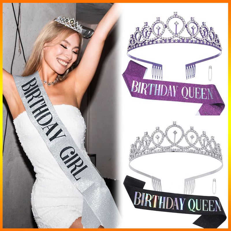 2pcs Set Princess Girl Birthday Crown and Sash for Women Girls Birthday ...