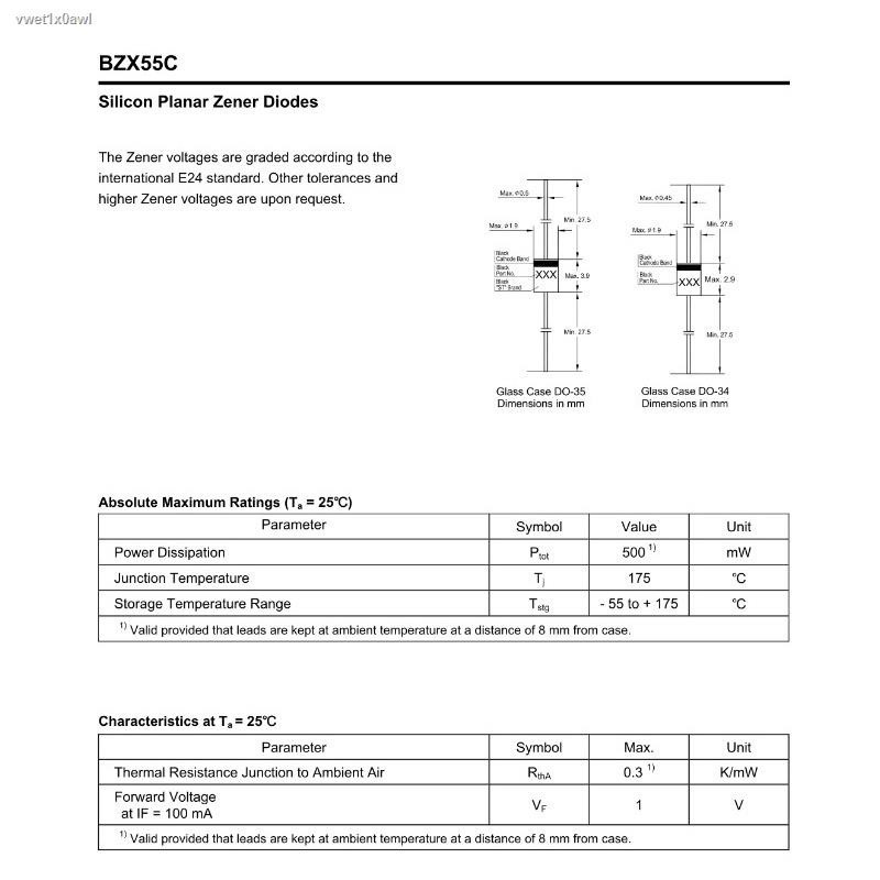 Inline 1/2W Zener Diode 0.5W 3.3V/5.1V/6.2/9.1/12V/15/18V DO-35 ...