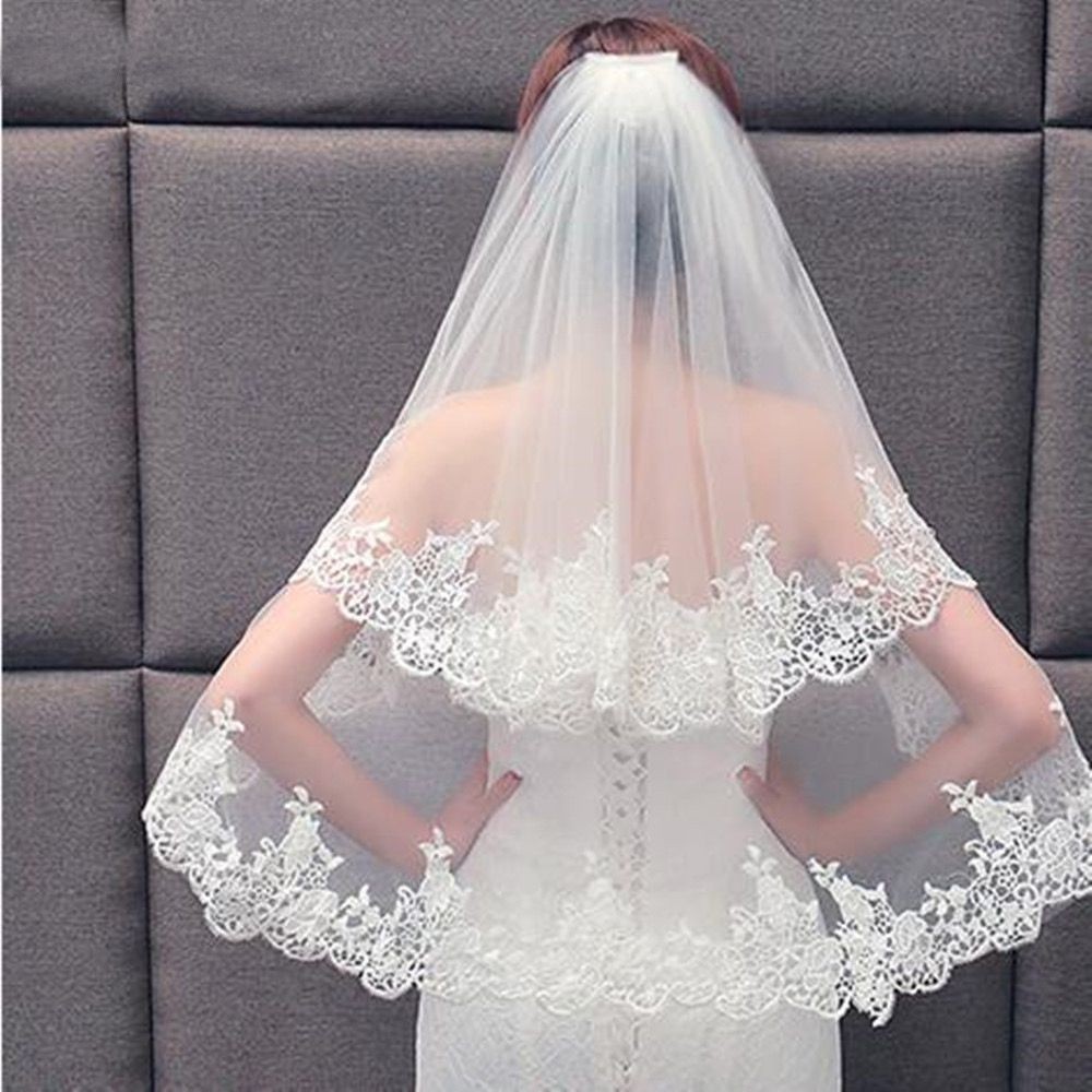 Short 2 Layers Bridal Veil with French Lace Metal Comb 85cm Snow White ...