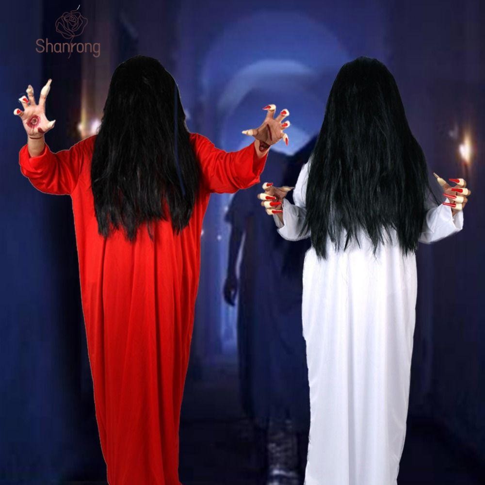 SHANRONG Female Ghost Costume, White Red Sadako Halloween Costumes ...