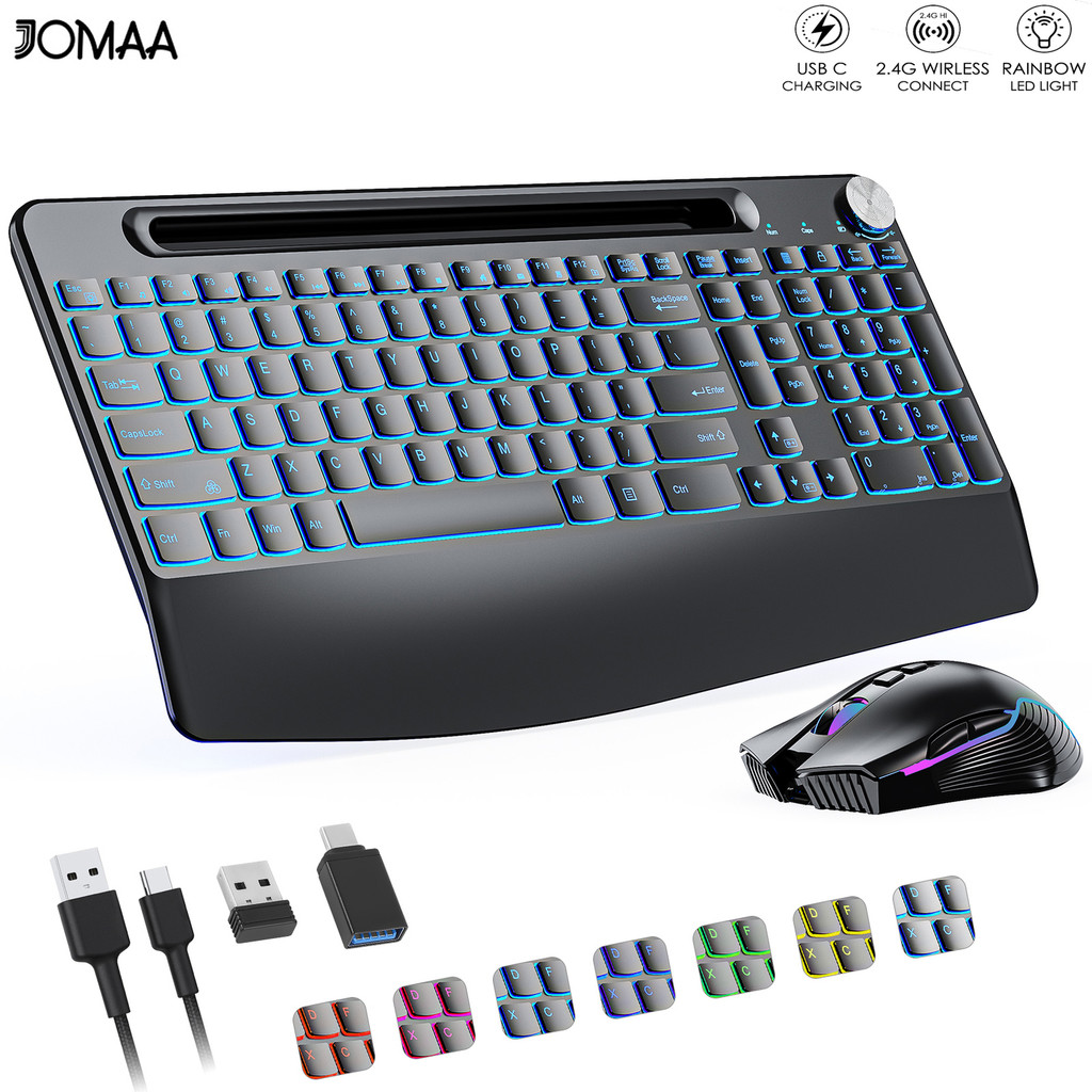 2.4G Wireless Keyboard and Mouse Set Full Size Rechargeable 7 Colors ...