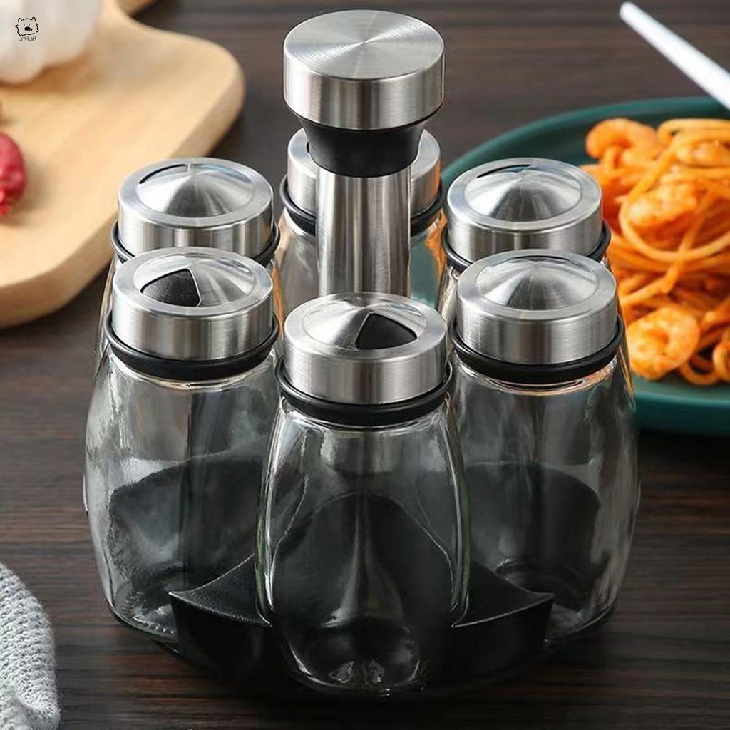 6PC Spinning Glass Spice Jars Holder Space-Saving Revolving Seasoning ...