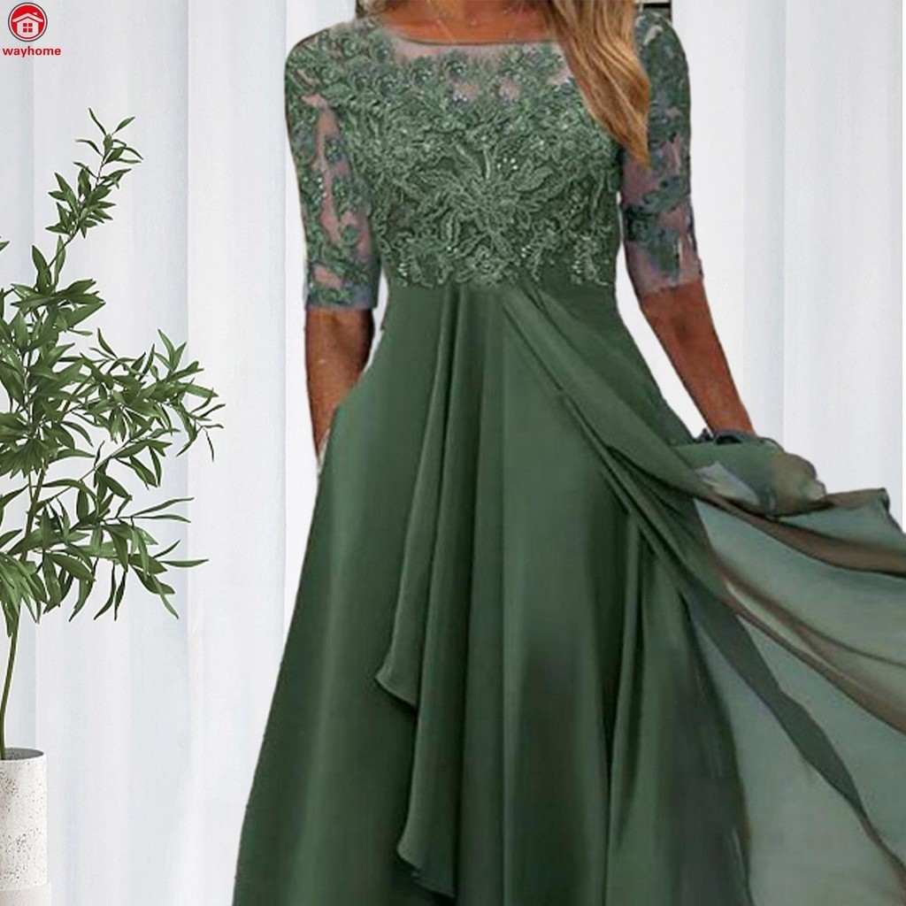 Women's Bridesmaid Dress Half Sleeves Ruffle Modest Wedding Guest ...