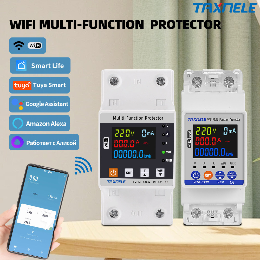 TAXNELE TVPS1-63LW 63A TUYA WiFi Smart Earth Leakage Over Under Voltage ...
