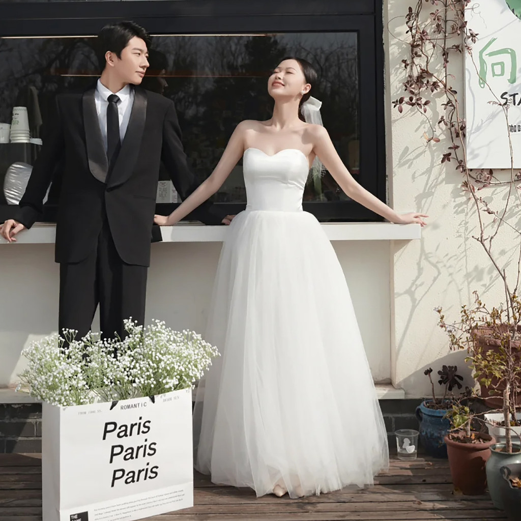 French Light Wedding Dress Chest Simple Dress Gauze Pompadour Skirt to ...