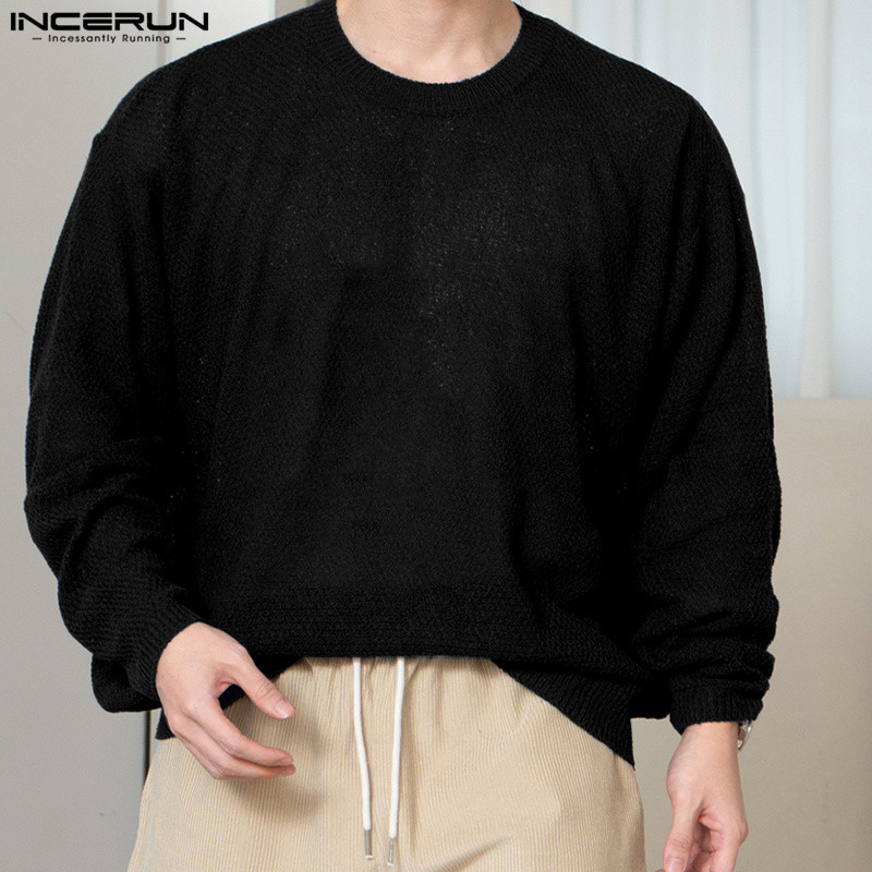 INCERUN Men Korean Round Neck Drop Shoulder Lazy Style Letter Print ...