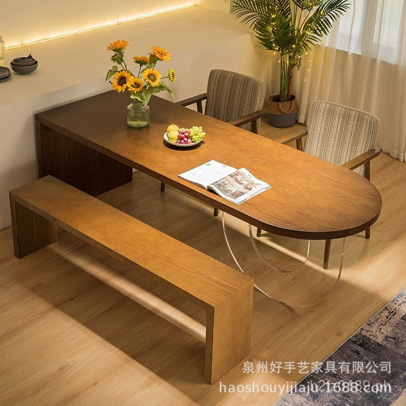 Minimalist Home Dining Table French Style Floating Semi-Oval Work Desk Acrylic Solid Wood Dining ...