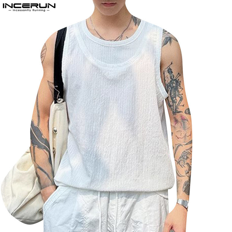 INCERUN men's solid color spliced fake two-piece bark wrinkled vest ...