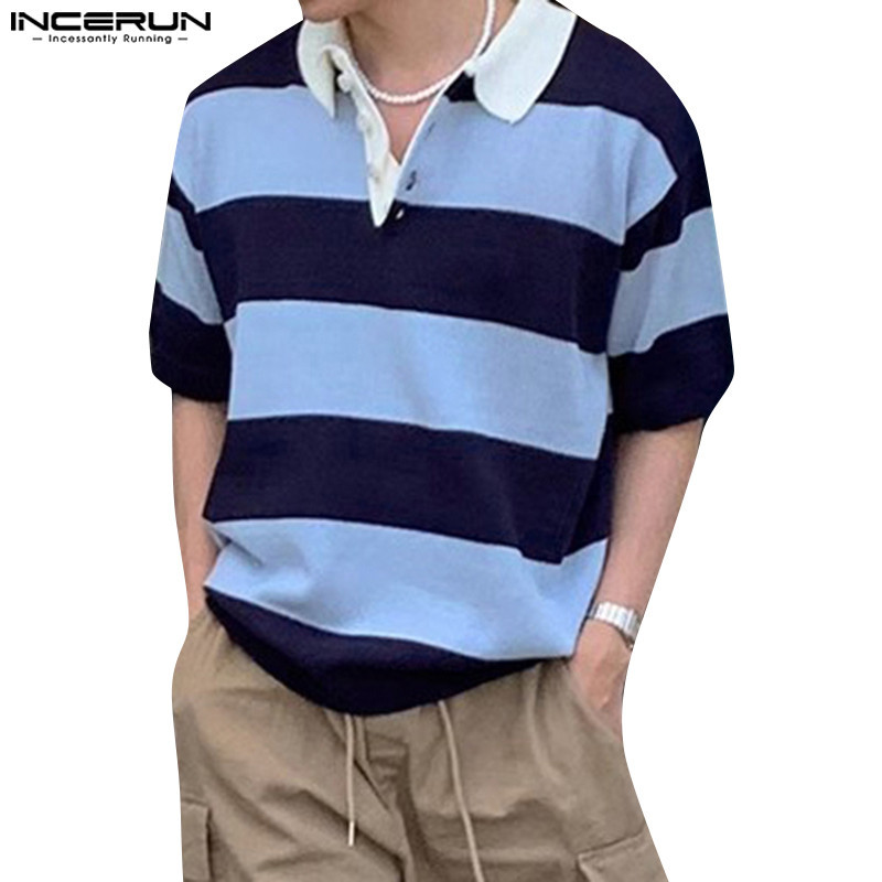 INCERUN Men Korean Half Buckle Contrast Striped Lapel Short Sleeve POLO ...