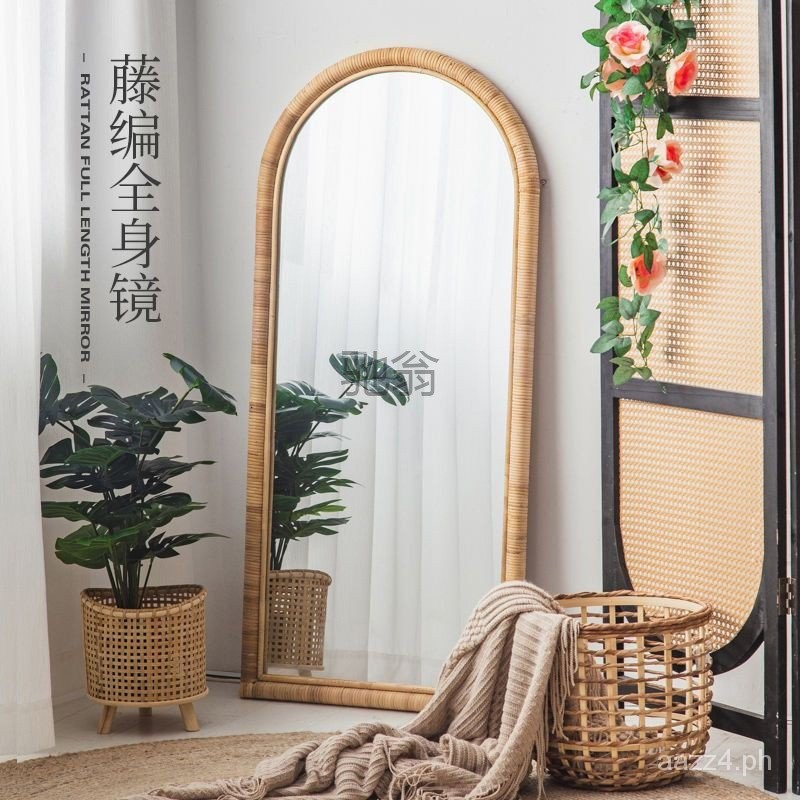Rattan Mirror Retro Style Real Rattan Floor Mirror Home Full-Length ...