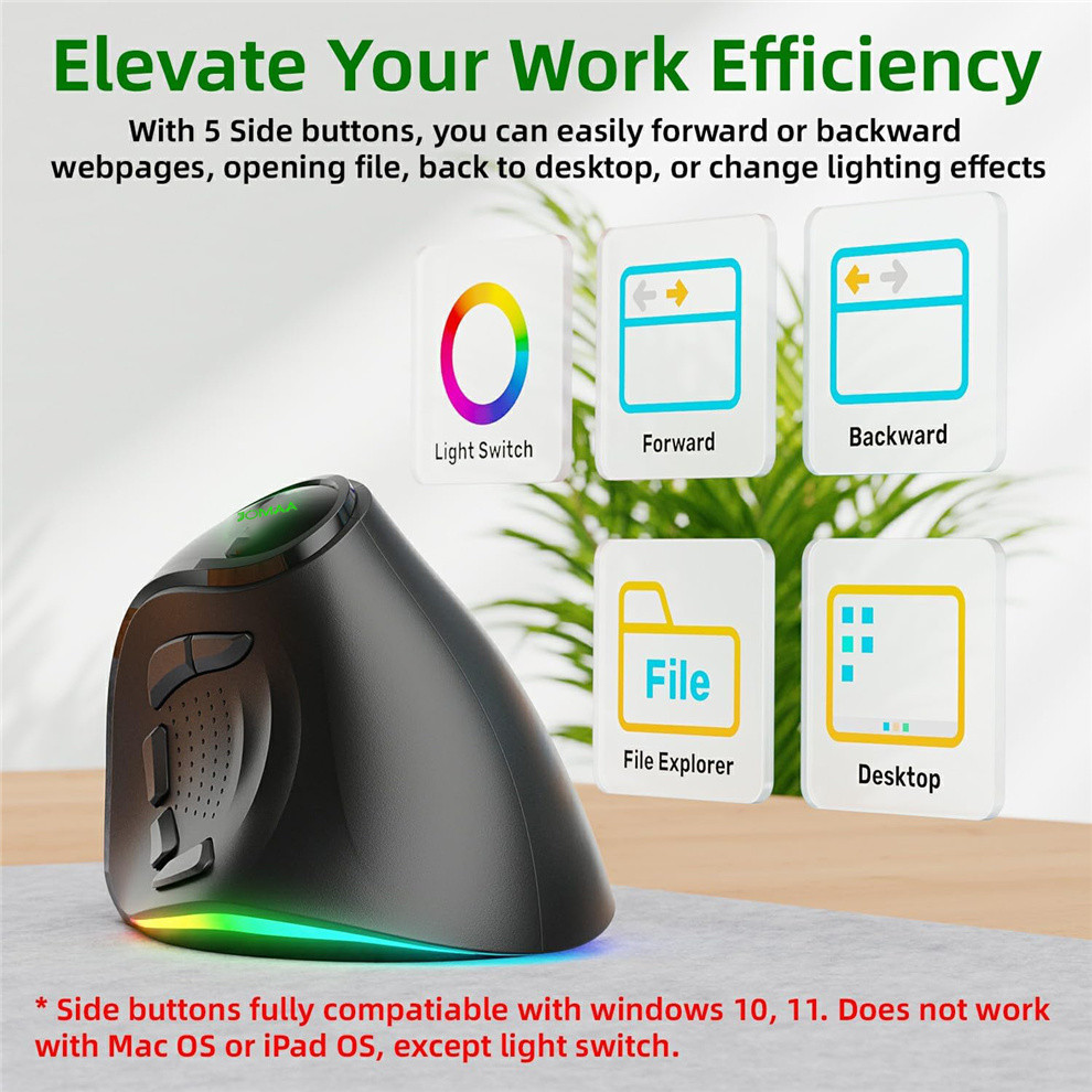 Jomaa 2.4G Dual Modes Ergonomic Vertical Wireless Mouse 4000 DPI 9 ...