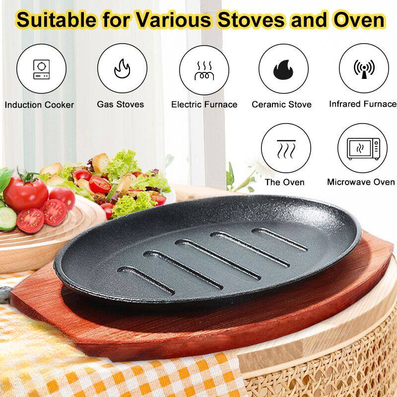 Sizzling Plate with Wooden Base Grill Non Stick Cast Iron Plate ...