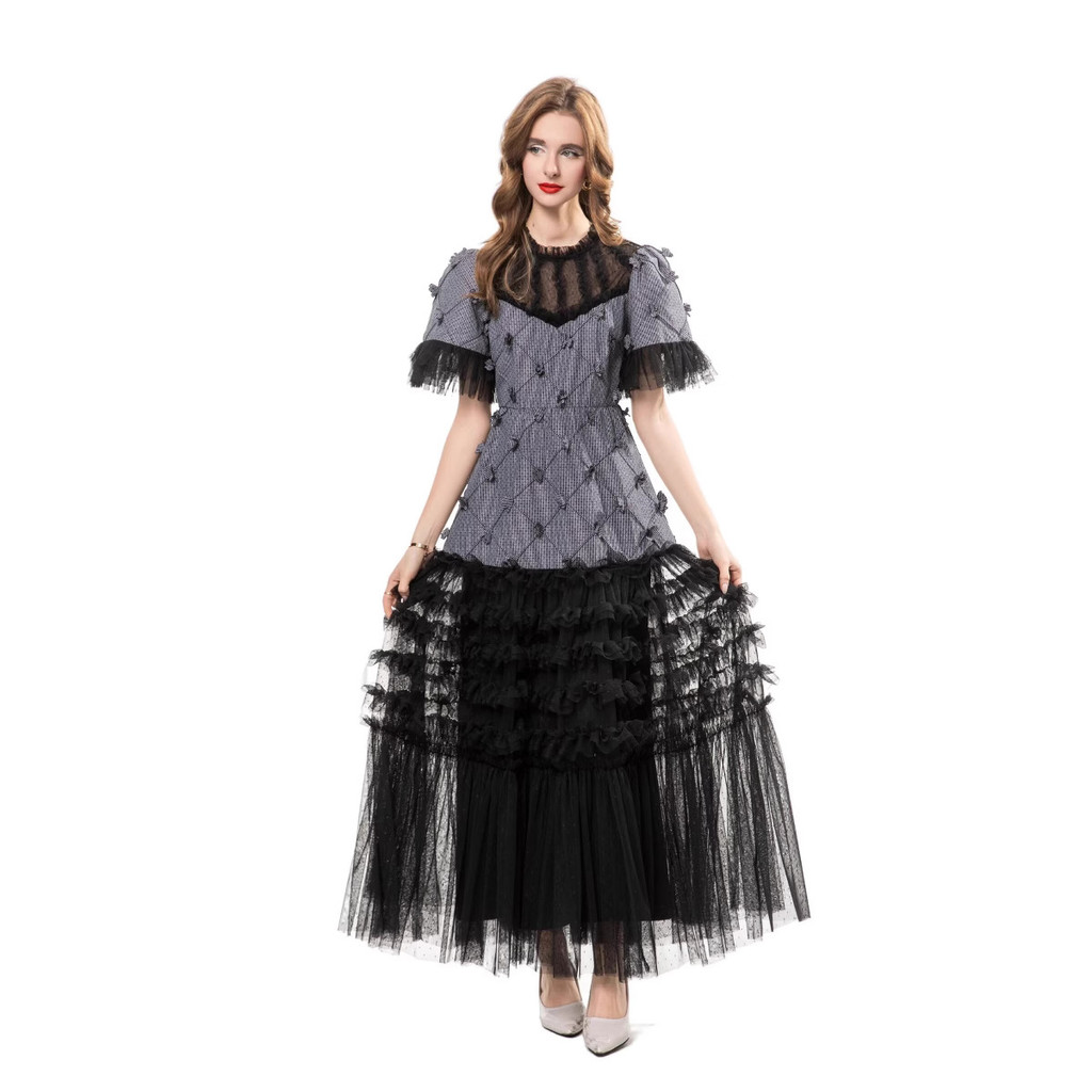 20257 perspective mesh plaid three-dimensional flower dress | Shopee ...