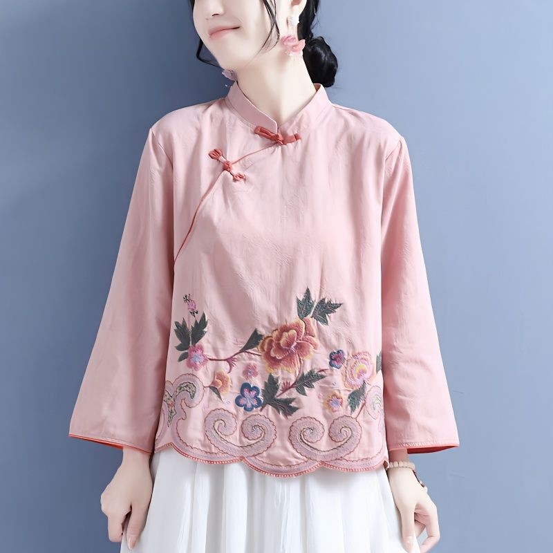 4XL Chinese Cotton Embroidered Linen Blouse Women Arty Vintage Stand ...