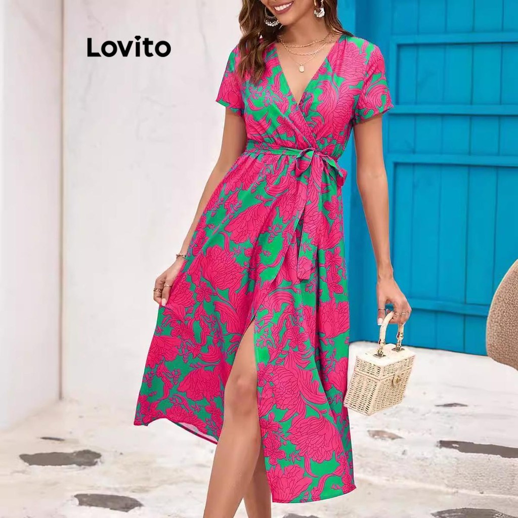 Lovito Women Boho Tropical Lace Up Split Dress LNL75390 | Shopee ...