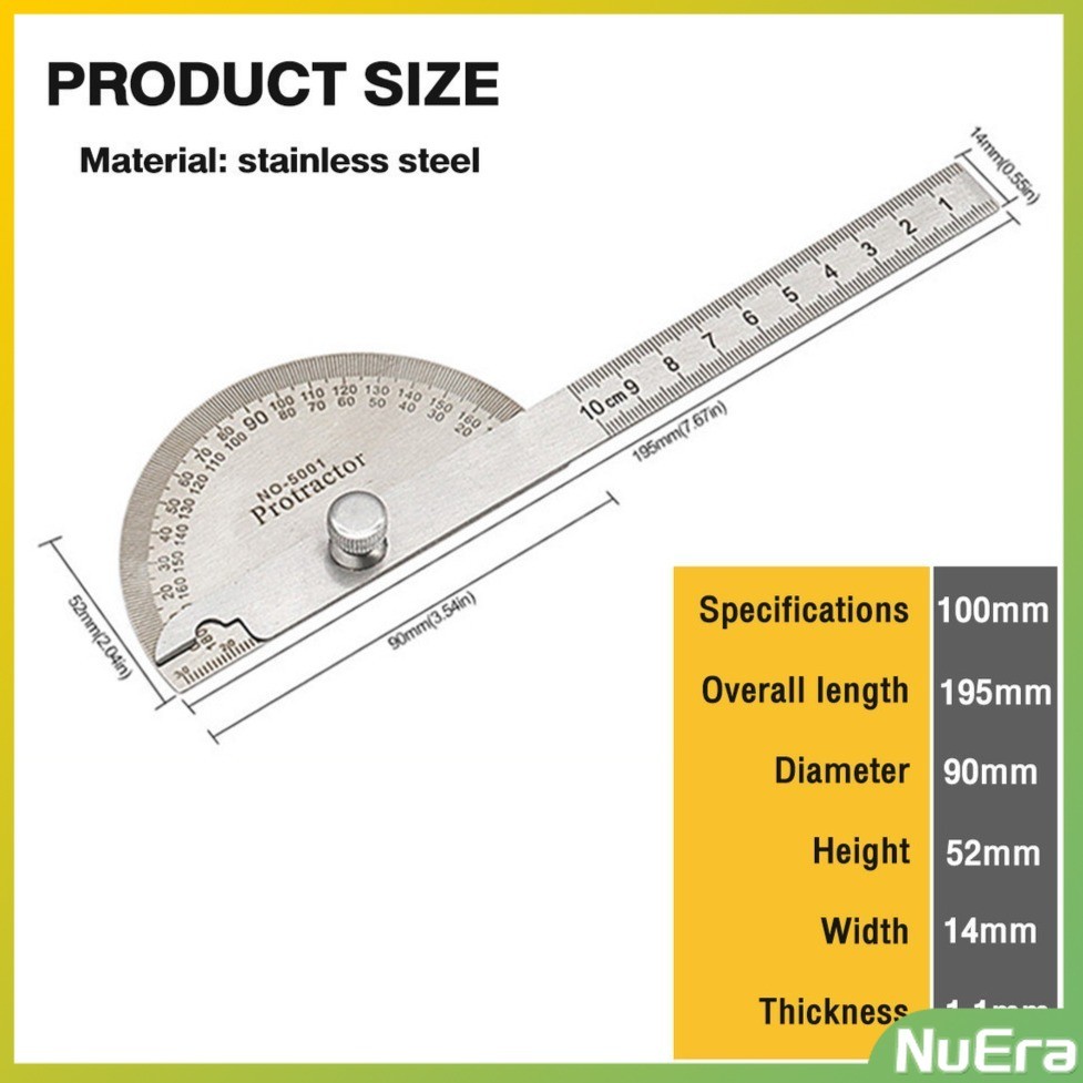 NuEra Stainless Steel Protractor Adjustable Roundhead Ruler 180 Degree ...