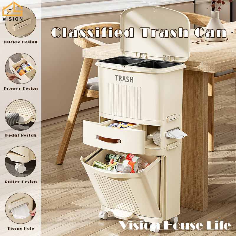 XYJ-Vision 2/3 Layers Garbage Sorting Trash Can Movable Dry-Wet Sorting ...