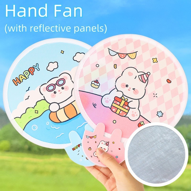 Cute Cartoon Folding Fan with Reflector Portable Cloth Handheld Fan ...
