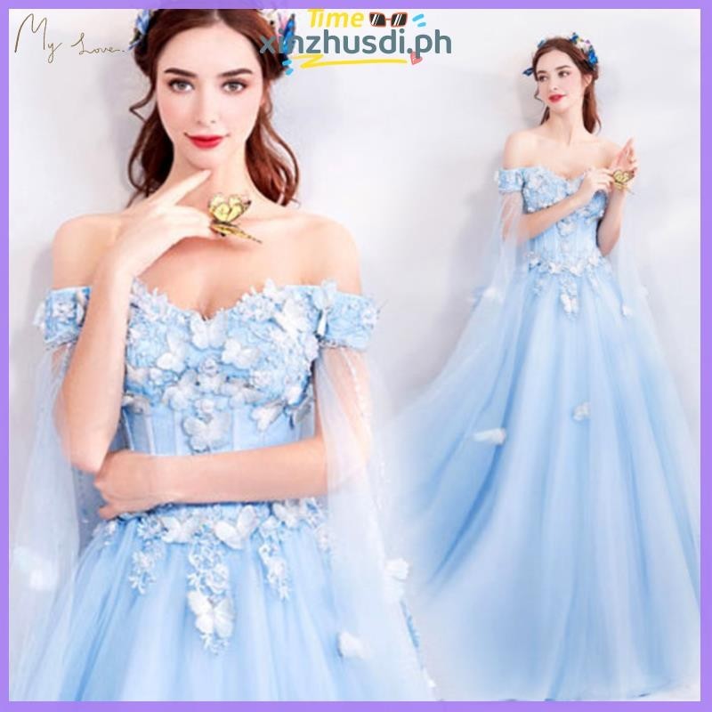 Blue draped fairy prom dress ball gown trailing party dress runway ...