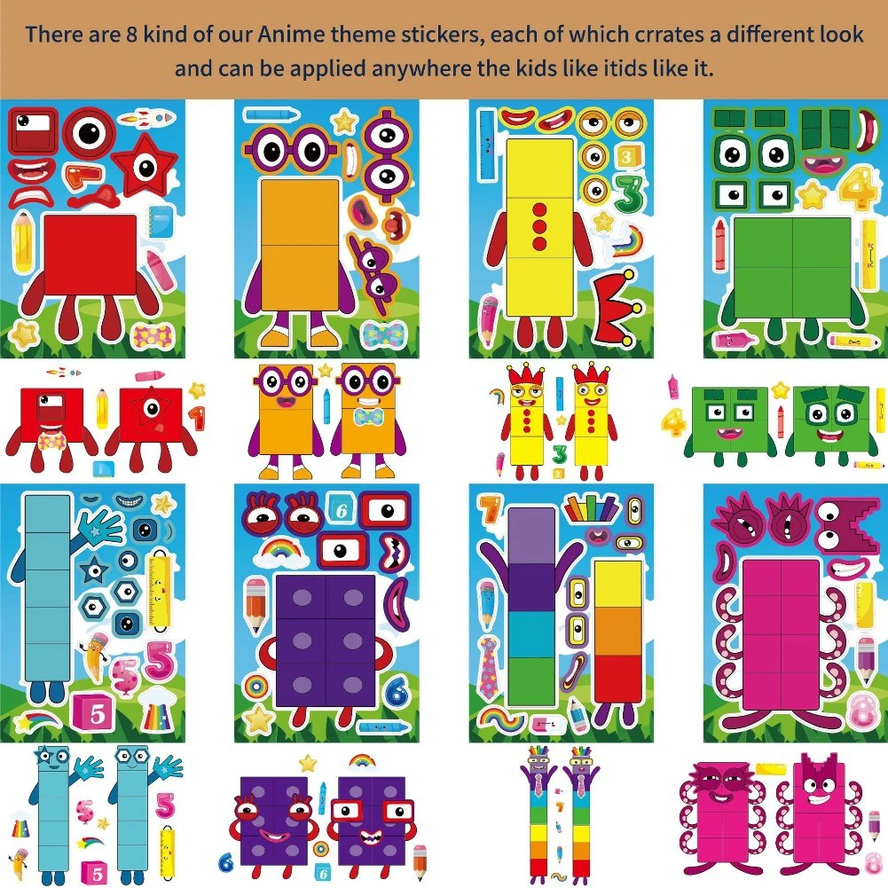 Number Blocks Stickers Puzzle DIY Make-a-Face Assemble Funny Cartoon ...