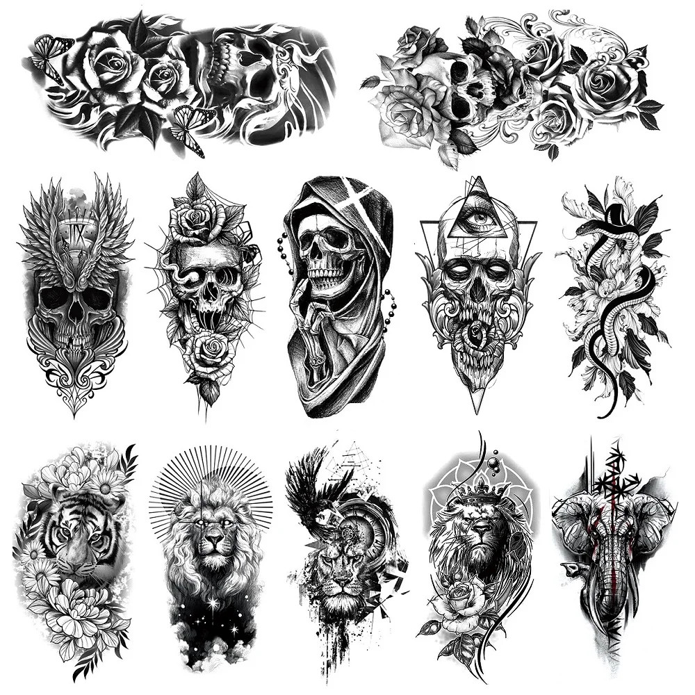 Black Tattoo Sticker For Men Women Tiger Lion Wolf Death Skull ...