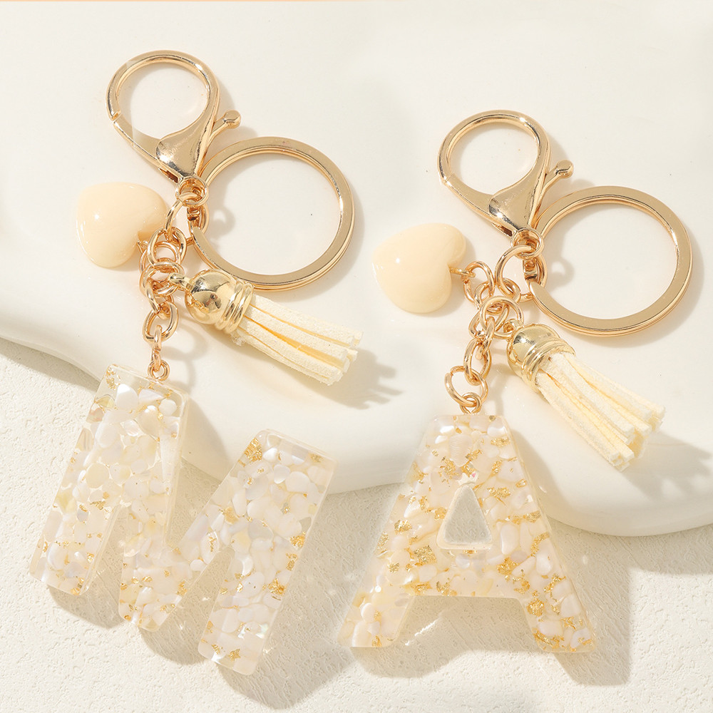 1Pcs Trendy White A-Z Letter Keychains Sweet Heart Tassel Initial Resin ...
