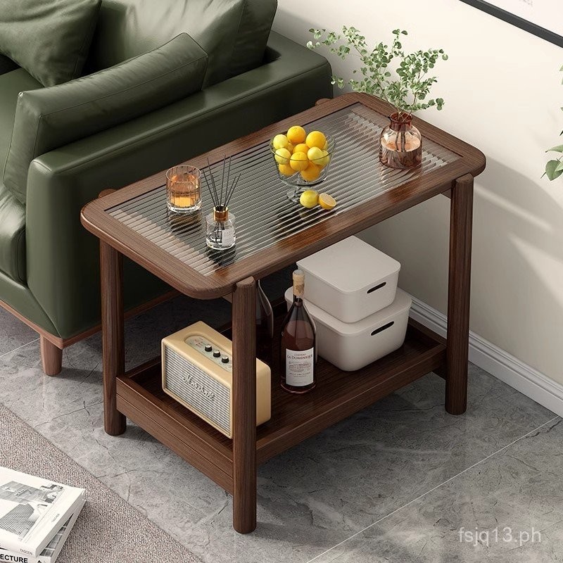 Solid Wood Side Table for Living Room, Double-Layer Glass Small Coffee ...