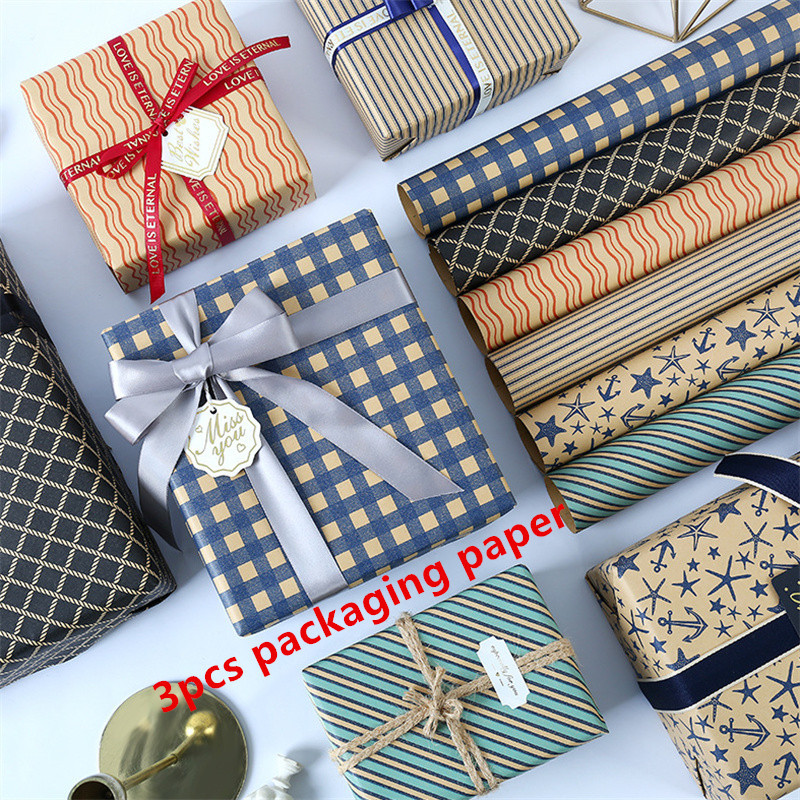3pcs 50*70cm Lattice Classic Kraft Wrapping Paper Blue Business Gift ...