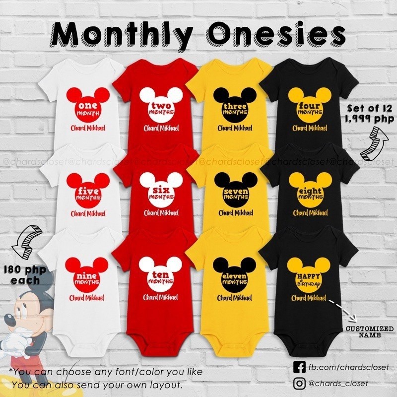 Customized Mickey Mouse Themed Monthly Milestones on Baby Onesie SJIL ...