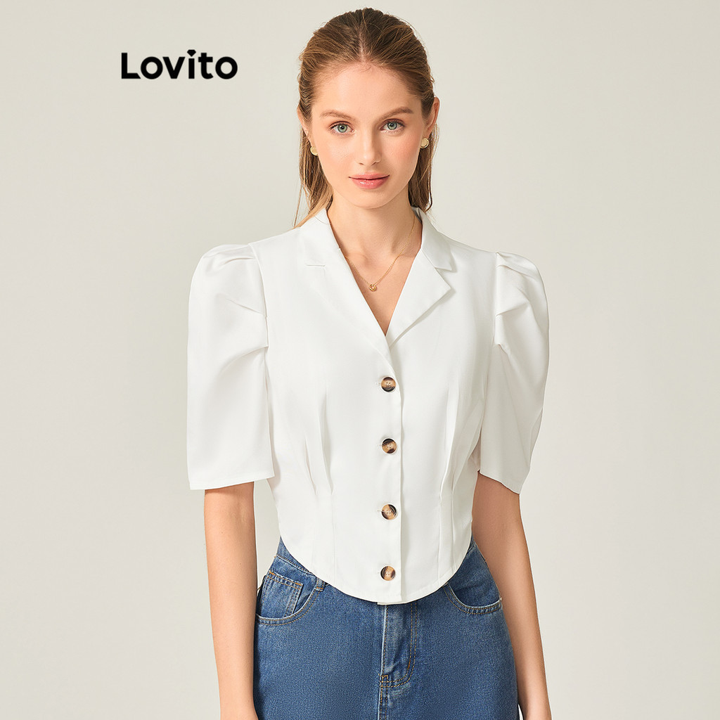 Lovito Women Casual Plain Pleated Button Blouses L71ED237 | Shopee Philippines