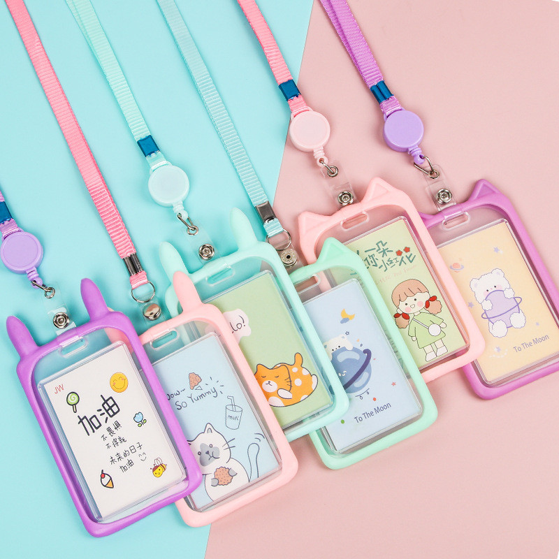 Cute Card Holder Student Cartoon Bus Work Permit Transparent Lanyard ...
