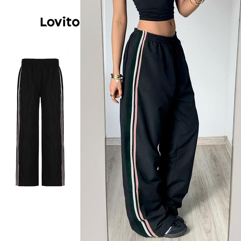 Lovito Women Preppy Plain Colorblock Side Stripe Pants LNA74072 ...