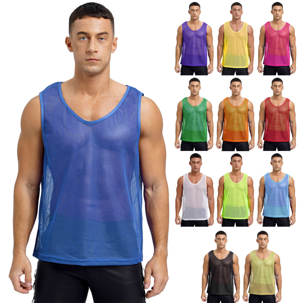 Jhaoyu Mens Mesh Fishnet Muscle Top See Through Shirts Fitted Crew Neck ...