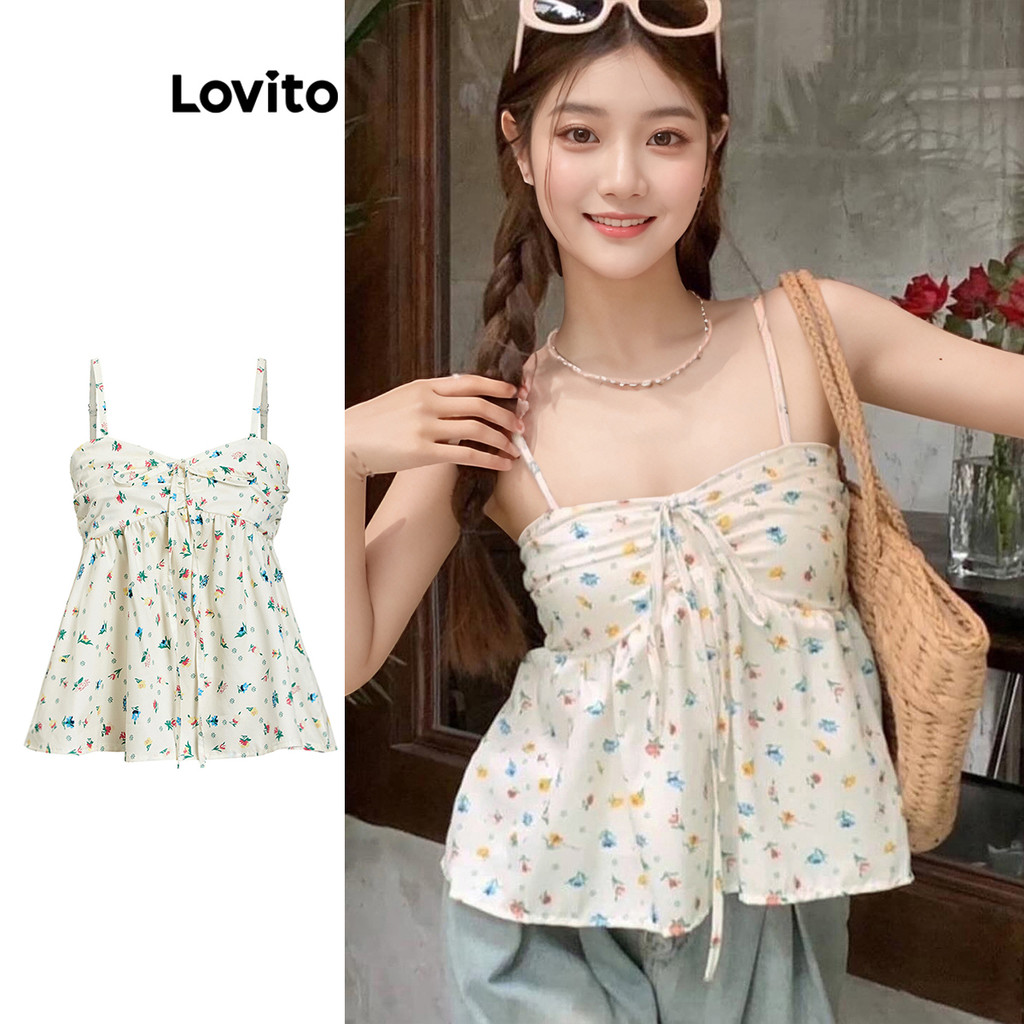 Lovito Women Casual Ditsy Floral Lace Up Frill Tank Top L99ED666 ...