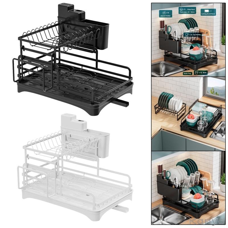 [KY] 2 Tiers Dish Drying Rack Sink Drain Rack Portable with Retractable ...