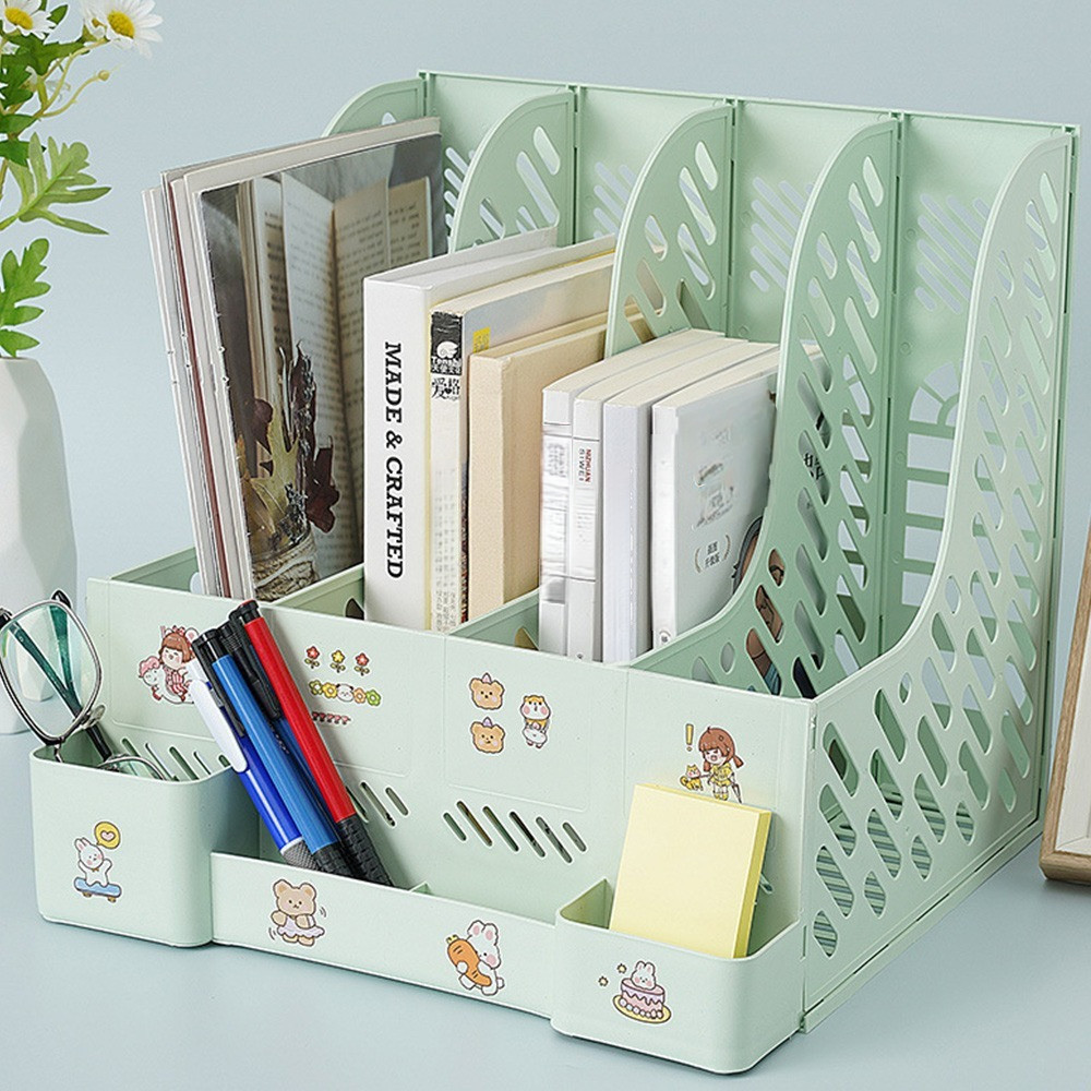 4 Column File Data Storage Rack with Pen Holder Multi-functional Books ...