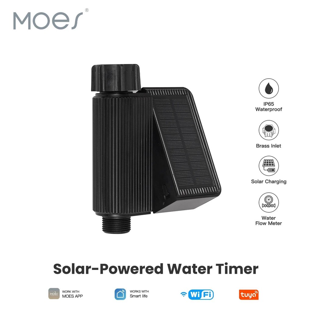 MOES Tuya UK WiFi Solar Powered Water Timer Meter IP65 Waterproof Brass ...