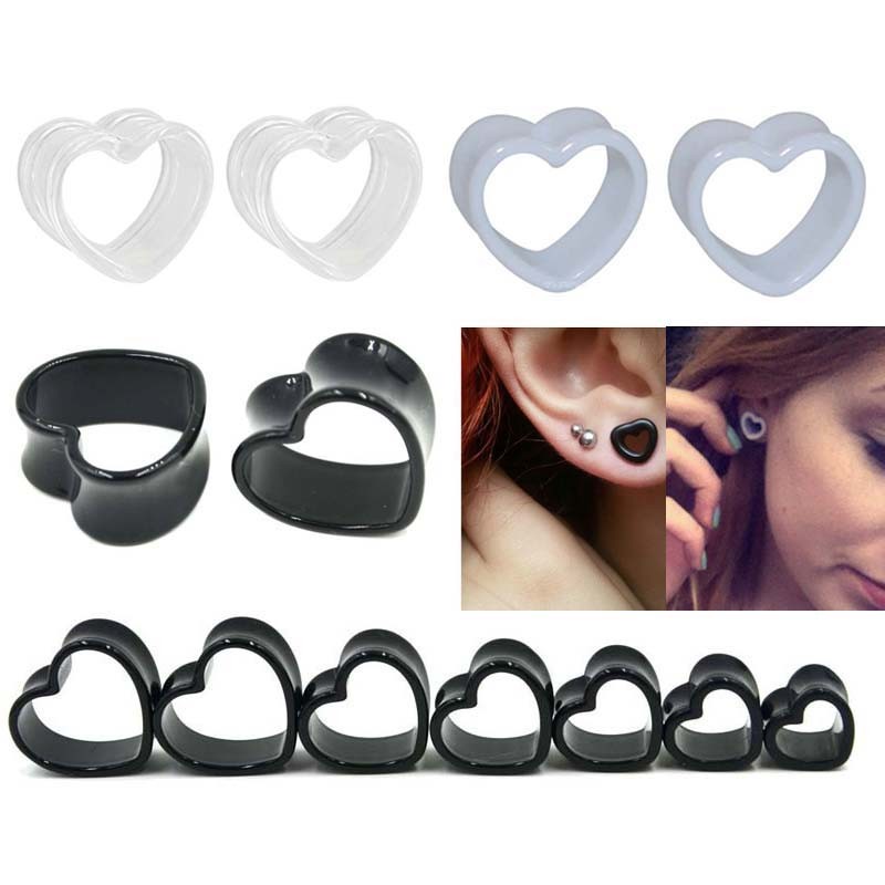 2 Piece Hollow Out Heart Shape Plug Earring White Black Transparent ...