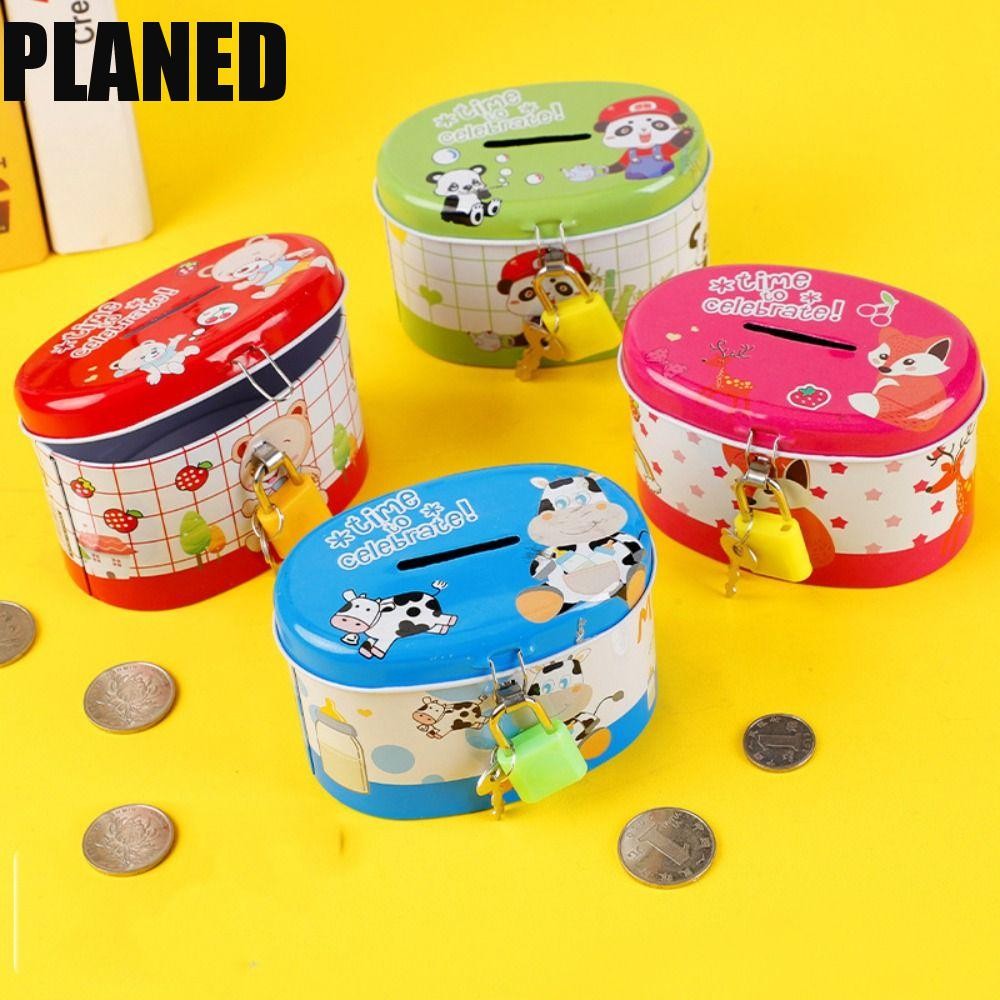 PLANED Tinplate Piggy Bank, With Lock and Key Cartoon Print Design Coin ...