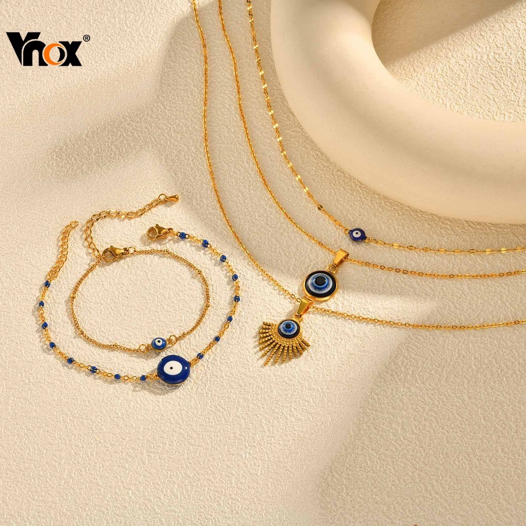 Vnox Beaded Devil'S Eye Necklace Bracelet for Women,Gold Non Tarnish ...
