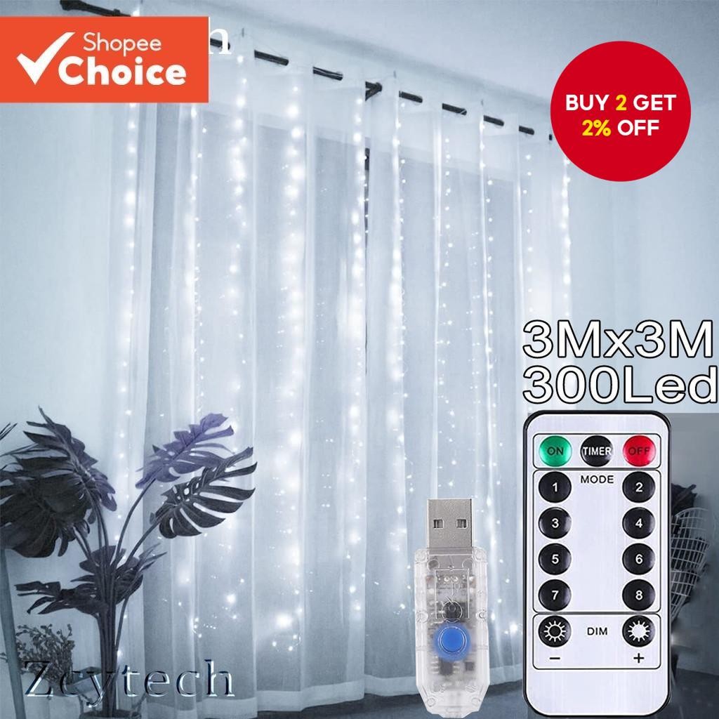 3M 300 LED Window Curtain String Light 8 Lighting Modes USB String ...
