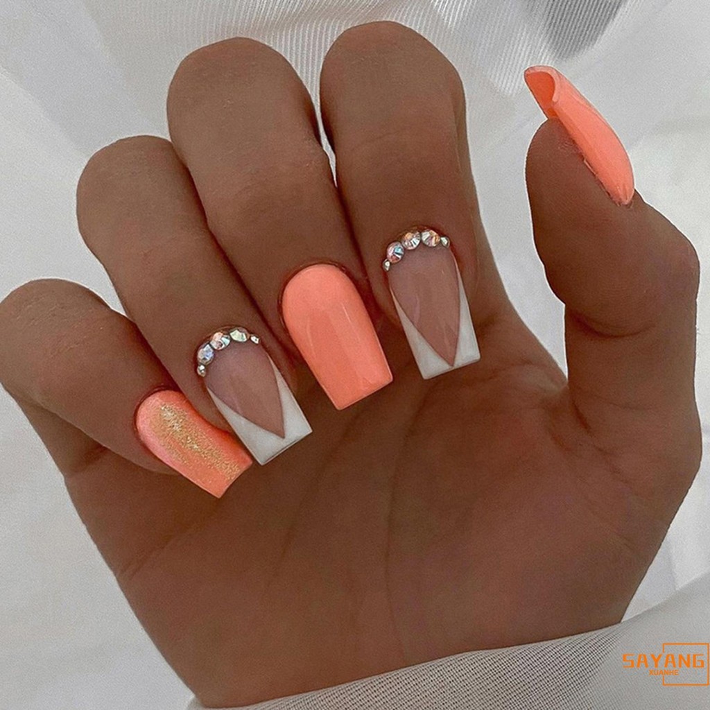 Fluorescent Orange Mid-length Fake Nails Ultra-flexible Long Lasting ...